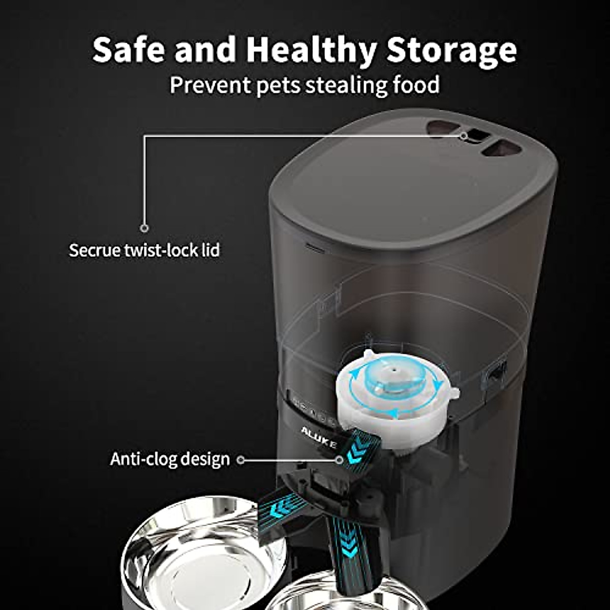 Automatic Cat Feeder for 2 Cats, ALUKE 6.5L Pet Feeder for Cats & Dogs Dry Food Dispenser with Desiccant Bag, Stainless Steel Bowls & Lock Lid, Dual Power Supply 10s Meal Call 6 Meals Per Day