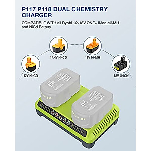 WaxPar 2 Ports P117 for Ryobi Charger Compatible with Ryobi 18v Dual Battery Charger ONE+ P117 P118 12V-18V Max Li-Ion NiCd NiMh Battery P100 P102 P103 P105 P107 P108 18V Dual Chemistry Fast Charger