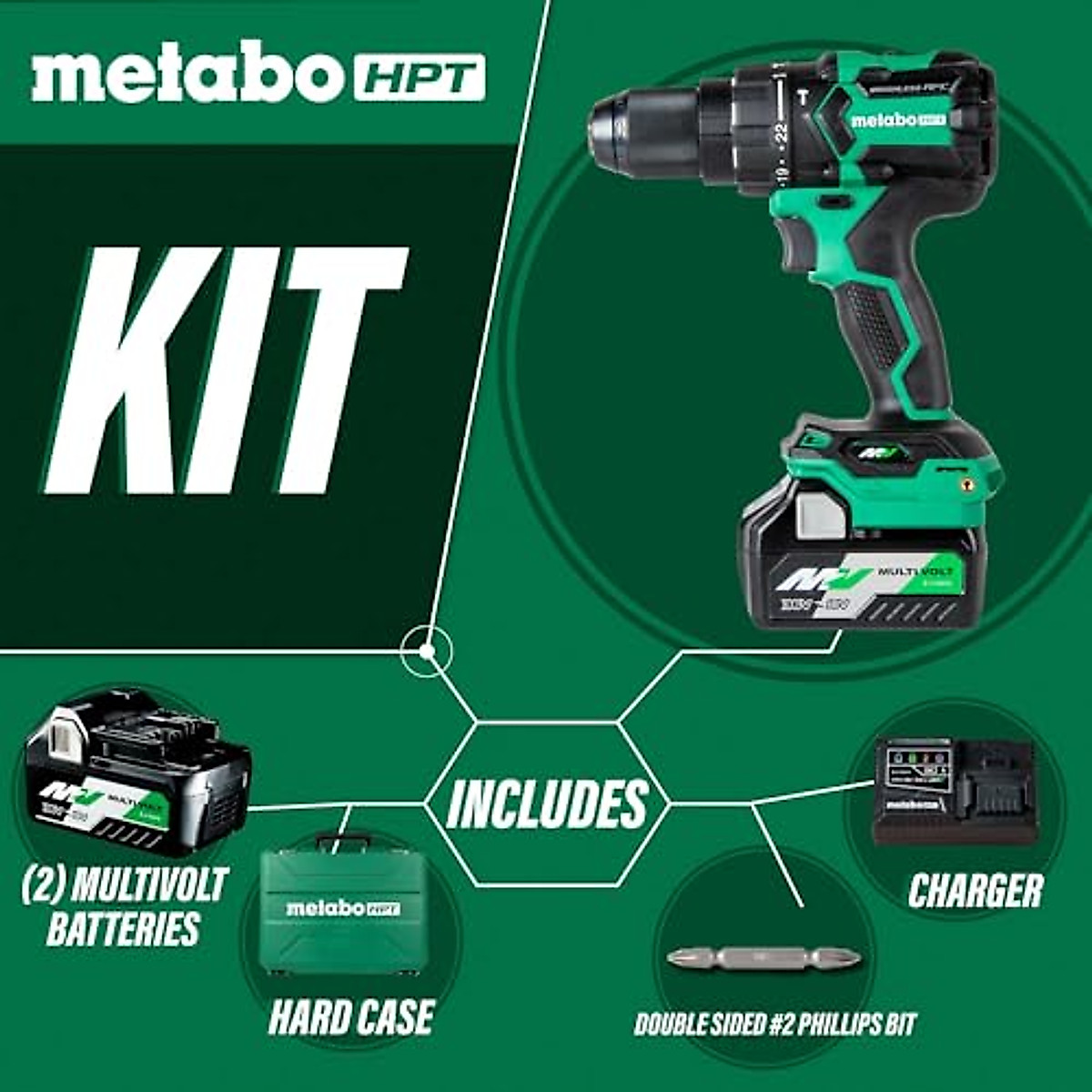 Metabo HPT 36V MultiVolt Cordless ½-Inch Hammer Drill Kit 1,400 in-lbs. Max Torque Reactive Force Control Optional AC Adapter DV36DC