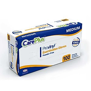 Care Plus Medical Vinyl Exam Gloves Medium, Latex Free, Powder Free, Rubber, Non Sterile Exam, Healthcare, Doctor, Home and Food Safe, 100 Count