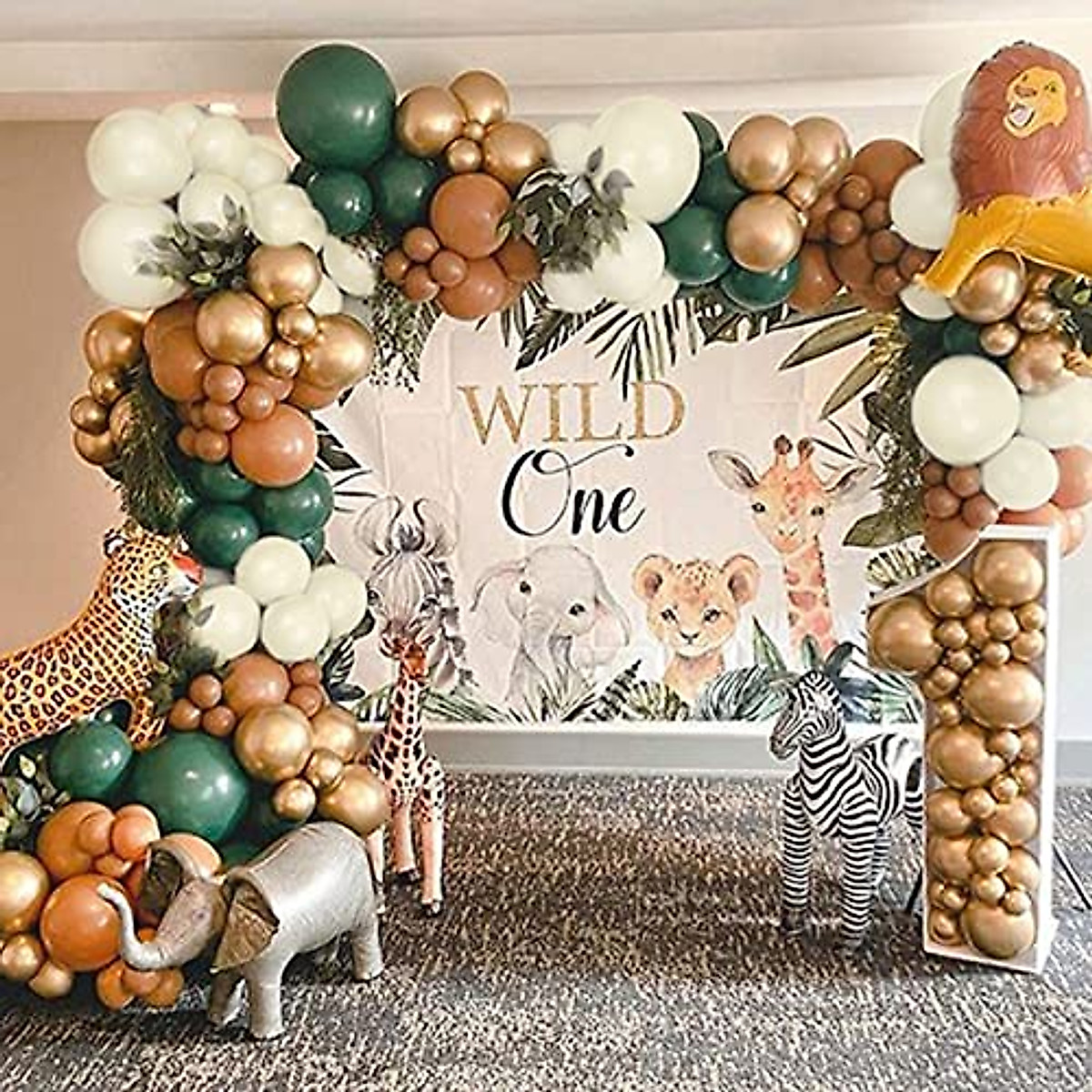 128pcs Safari Jungle Balloon Garland Arch Kit- Sage Green and Brown Balloons with Animal Print for Wild One Tropical Theme Party Supplies Olive for Boy First Bithday Baby Shower Wedding Graduation Gold White Decorations (Safari Balloons Set)