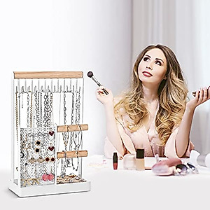 Jewelry Organizer Stand Necklace Holder, 4 In 1 Jewelry Holder with Earring Organizer and Removable Ring Tray, Double-Side 20 Hooks Jewelry Stand for Necklaces Earrings Bracelets Bangles Watches Rings