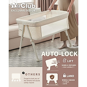 AirClub Bassinet Bedside Sleeper, Baby Crib for Newborn, Baby Bassinets Bedside Sleeper with 4 Auto-Lock & Adjustable Height, Breathable Mesh & Mattress, Bedside Bassinet