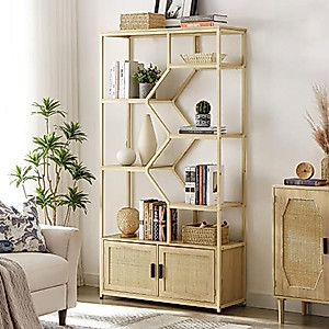 Bohemian Style Rattan Bookshelf, 5-Tier Open Display Shelves with Storage Cabinet, Eco-Friendly Particleboard Bookcase, Versatile Storage Rack for Living Room, Home Office, Natural Tones