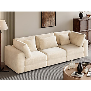 Merax 105" Couch Sofa with 5 Pillows and Removable Back Cushions, 3 Seater Corduroy Chaise Lounge Recliner for Living Room, Apartment Furniture, Beige