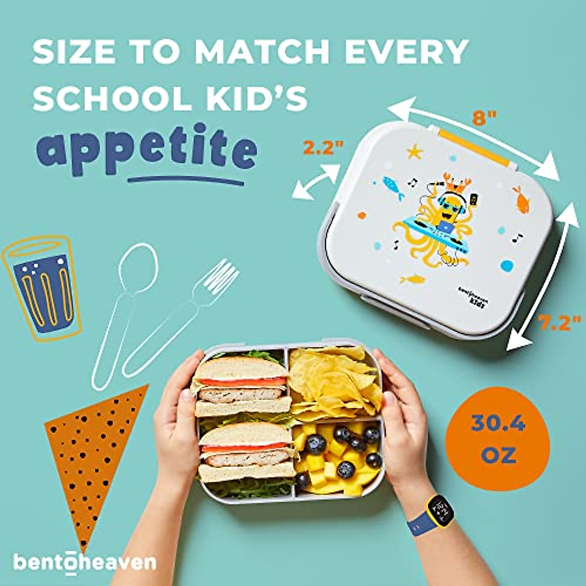 Bentoheaven Premium Bento Lunch Box for Kids, 9 Designs, Leak-proof 3-4 Compartments, Divider, Ideal size 30oz, Microwave/Dishwasher Safe Kids Bento Box (Loncheras Para Niños/Niñas)[Orange Gray]