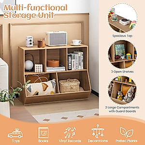 Costzon Toy Organizers and Storage with Bookshelf, Wooden 5 Cubby Children’s Book Shelf Toy Storage Cabinet Bookcase for Kids Room, Playroom, Kindergarten, Nursery (Natural)