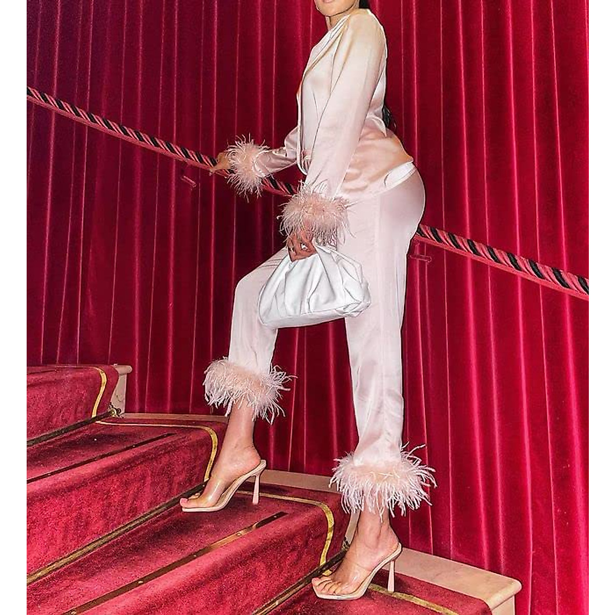 Button Down Pajamas Set for Women Long Sleeve Satin Silk Feather Trim Nightwear Loungewear (S, White)