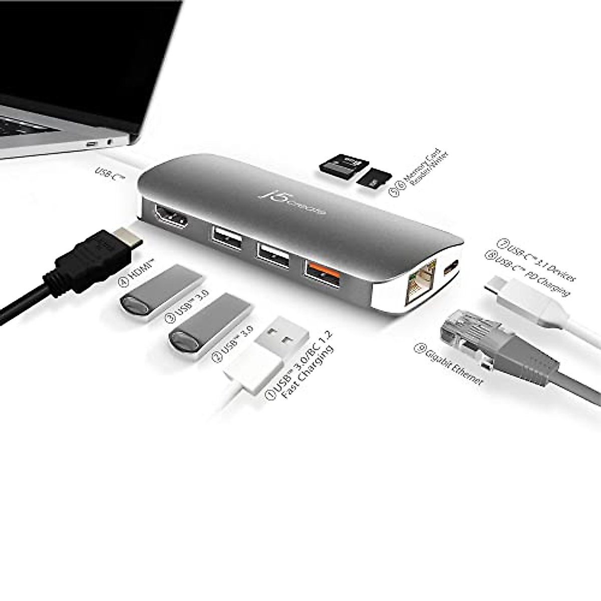 j5create USB-C 9-in-1 Multi Adapter Multi Adapter HDMI/Ethernet/USB 3.1, SD and MicroSD/PD 3.0 | 4K HDMI for MacBook | ChromeBook |USB-C Devices (JCD383)