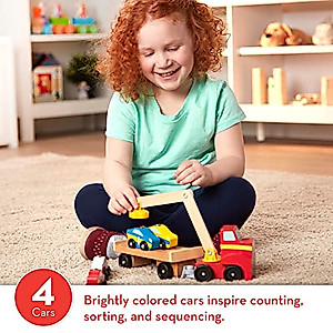 Melissa & Doug Magnetic Car Loader Wooden Toy Set With 4 Cars and 1 Semi-Trailer Truck - Crane Wooden Toy, Vehicle Toys For Kids Ages 3+