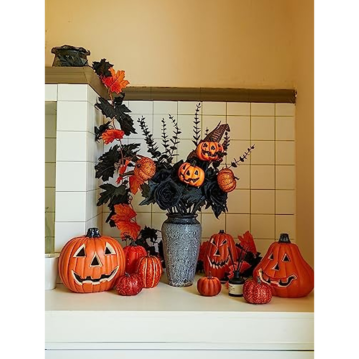 Anna's Whimsy 10PCS Halloween Decor Artificial Flowers Black Roses with Pumpkins, Halloween Table Centerpiece for Dining Kitchen Living Room Bedroom Front Door, Silk Flowers Bouquet Indoor Outdoor