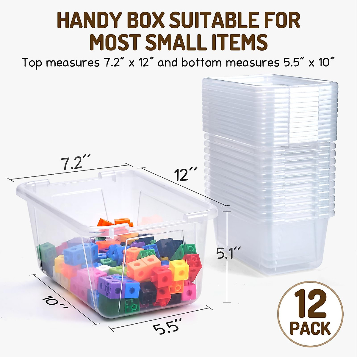 GAMENOTE Clear Plastic Storage Bins with Lids,Stackable Containers for Classroom,Toy Storage Organizer, 5 Qt 12 Pack Small Tubs,Tote Box for Kids Playroom,Sorting(12×7.2×5.1 in)