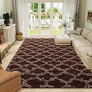 HOMORE Living Room Rug, 6x9 Brown Area Rug for Farmhouse Living Room Bedroom Rug, Soft Shaggy Furry Faux Fur Rugs for Kids Room, Geometric Rugs for Aesthetic Rug for Indoor Floor, Brown/Beige