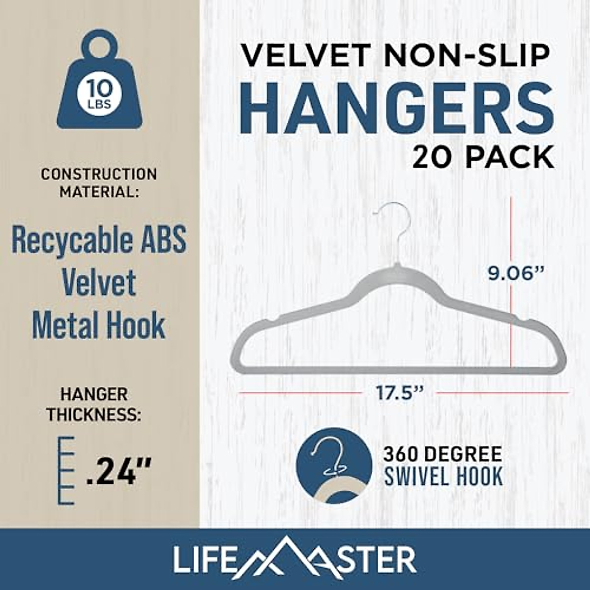 Lifemaster Velvet Non-Slip Hangers - 20 Pieces Non-Slip Coat Hanger Set with 360° Swivel Hook, Space-Saving, Sleek Design, Keep Closet Organized, Smooth Velvet Finish, Lightweight Construction - Gray