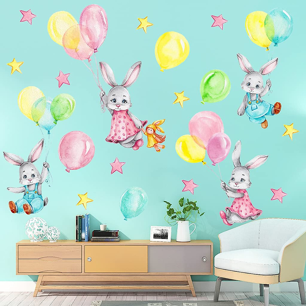 SITAKE Wall Stickers for Kids, Cute Bunny and Balloon Wall Decals, Animal Wall Stickers and Murals, Rabbit Wall Stickers for Girls' Bedroom Nursery Living Room Playroom (Bunny Balloon)
