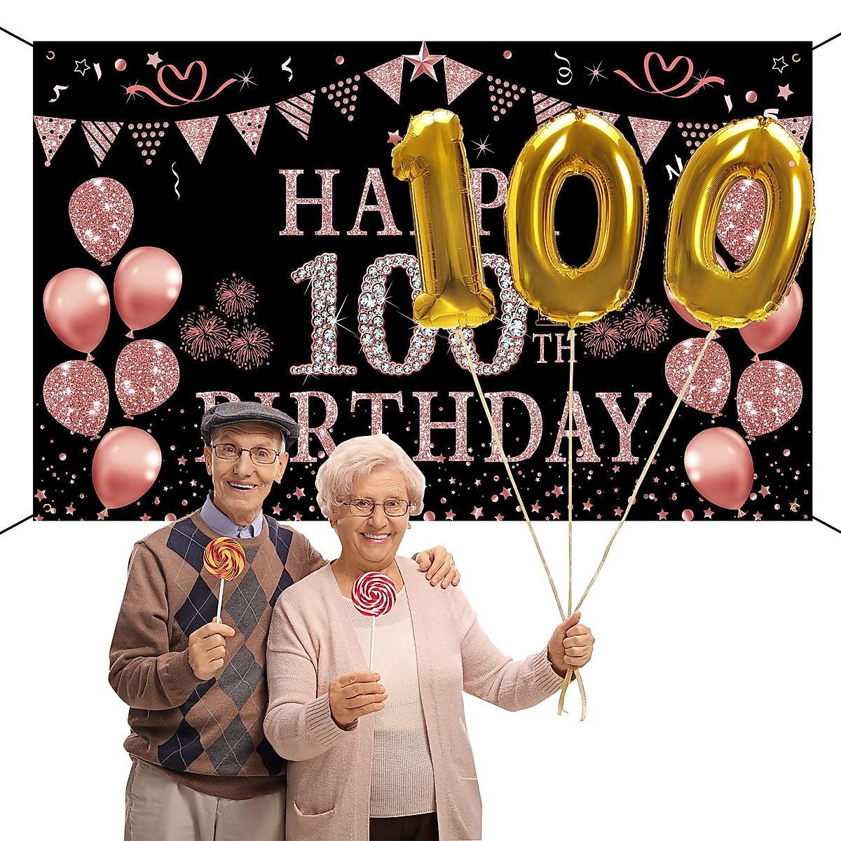 Trgowaul 100th Birthday Decorations for Women - Rose Gold 100th Birthday Backdrop Banner, Happy 100th Birthday Party Supplies, Pink 100 Years Old Birthday Sign Poster Photography Background Decor