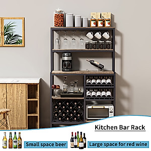 MSTFLOR Wine Rack Table,39.4 Inch Freestanding Floor Liquor Bar Table Cabinet with Glass Holder Bottle Shelf, Modern Wine Bar Cabinet with Storage & Hook for Home Kitchen Dining Room, Rustic Oak