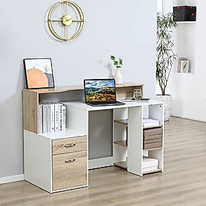 HOMCOM 54 Inches Computer Desk with Storage Shelves, Drawers and Pinter Shelf, Writing Table for Home Office and Study, Oak