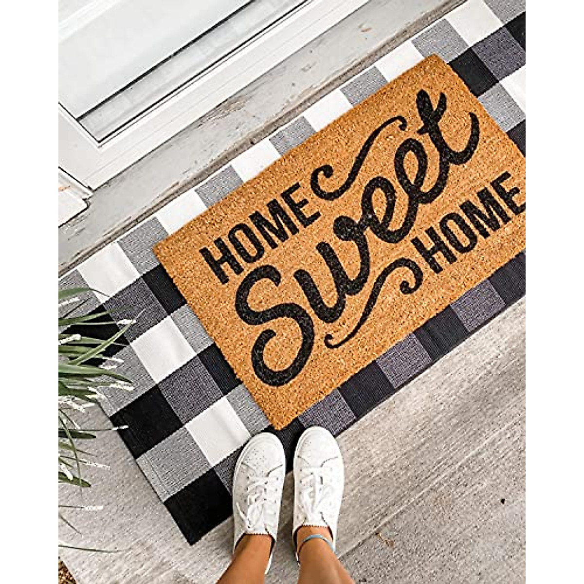 Buffalo Plaid Rug 24 x 36 Inch for Layered Hello Door Mats Washable Black and White Checked Indoor or Outdoor Rugs Carpet for Front Door Entryway