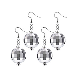 Tatuo 2 Pairs of Disco Ball Earrings 60's or 70's Silver Disco Ball Earrings for Women