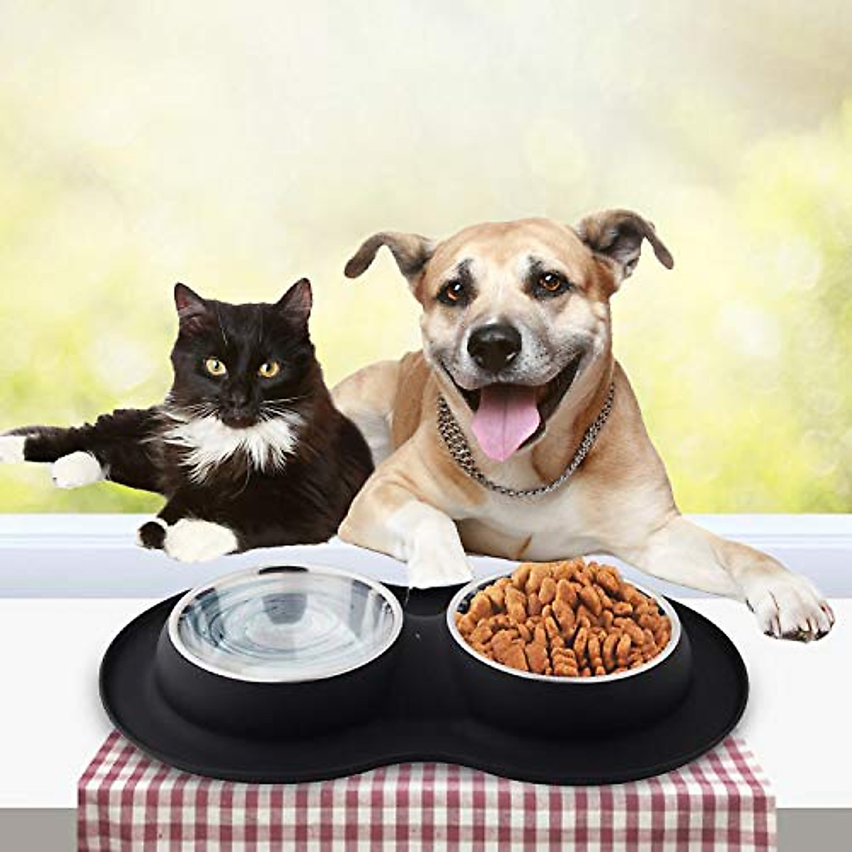 Roysili Double Dog Bowl Pet Feeding Station, Stainless Steel Water and Food Bowls with Non Skid Non Spill Silicone Mat, Premium Quality Dog Bowl Holder for Small Medium Dogs Cats Puppy (Small, Black)
