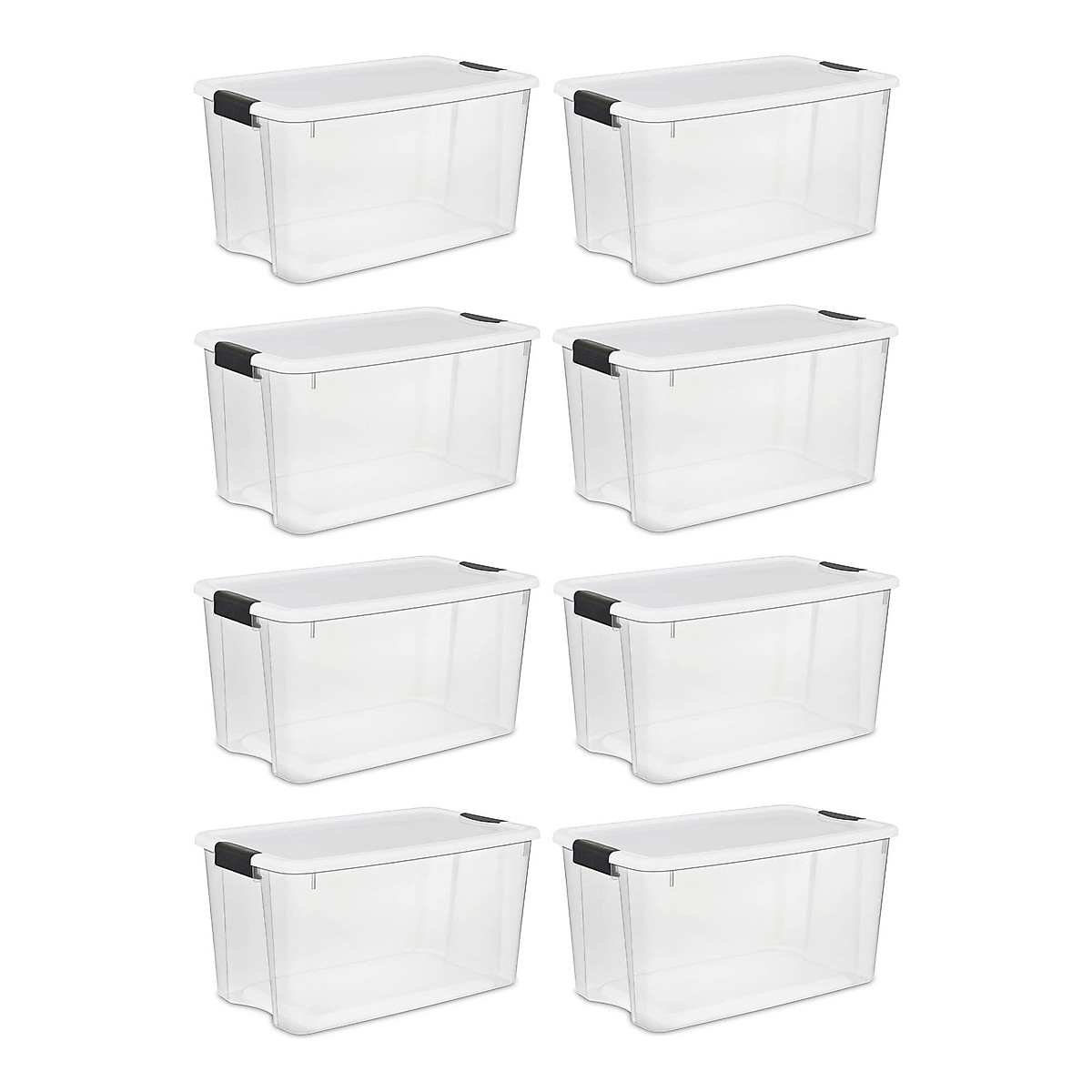 Sterilite 70 Qt Ultra Latch Box, Stackable Storage Bin with Latching Lid, Organize Clothes, Sport Gear in Basement, Clear with White Lid, 8-Pack
