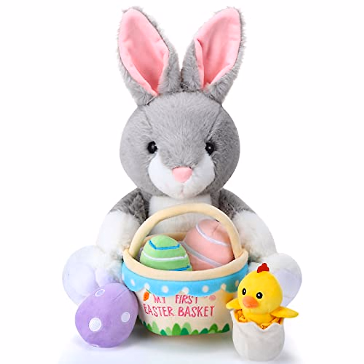 6 Pieces My First Plush Egg Basket 14 Inch Plush Easter Bunny Rabbit Stuffed Animal with Plush Easter Chick Eggs for Easter Theme Party Favor, Easter Eggs Hunt, Basket Stuffers Fillers Gifts