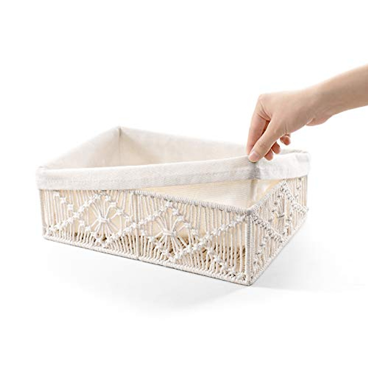 Mkono Macrame Storage Baskets Decor with Removable Cloth Liner Boho Storage Bins Handmade Woven Decorative Countertop Shelf Cabinet Organizer for Bedroom Nursery Living Room, Set of 3