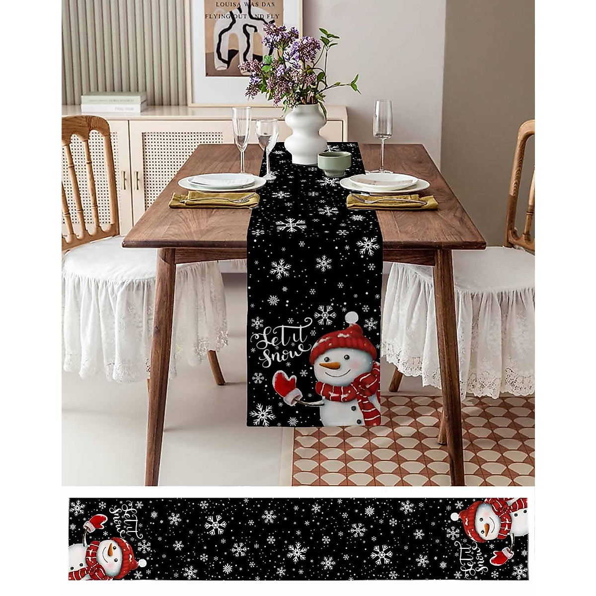 Black Snowman Christmas Table Runner 60 Inches Long, Xmas Winter Snowflake Farmhouse Dress Scarves, Classic Black Dining Tablerunner for Coffee Table/Kitchen Island/Party Christmas Décor, 13" x 60"