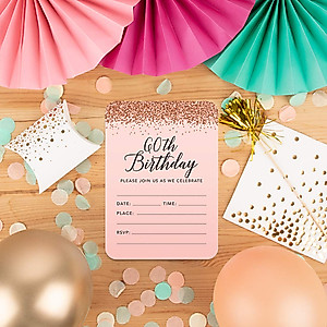 Andaz Press Blush Pink and Rose Gold Glitter Elegant Party Collection, 5x7-inch Invitations with Envelopes, 60th Birthday, 24-Pack, Double Sided Printing, Heavy Card Stock, Includes Envelopes