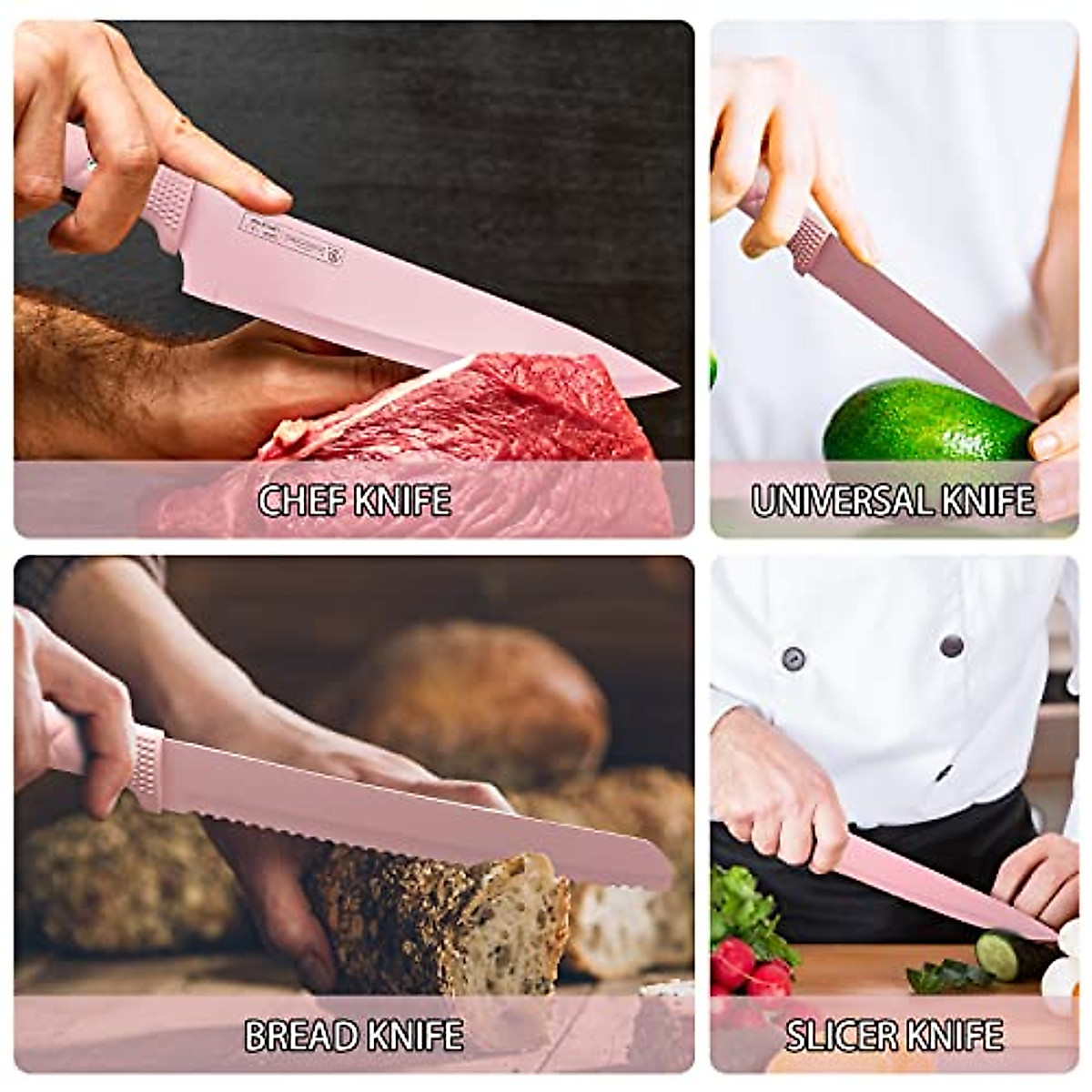 Kitchen Knife Set, Retrosohoo Pink Flower 6PC Stainless Steel Sharp Chef Knife Set with Acrylic Stand, Cooking Non-slip Knife Set with Block, Non-stick Colorful Coating Gift for Women Girls (Pink)