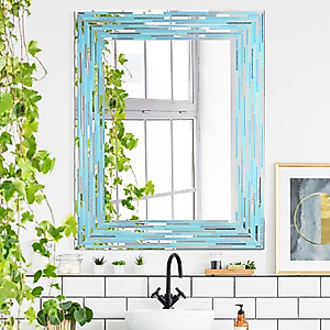 Head West 24"x30" Reeded Tiled Sea Glass Aqua Blue Vanity Mirror for Bathroom Wall, Mosaic Accent Rectangle Vanity Bathroom Mirror for Over Sink, Bedroom, & Living Room