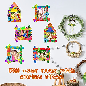 Gersoniel Picture 212 Pcs Frame Craft Kits for Kids Art DIY Photo Kit Include 100 Chenille Stems 2 Sheet Gems Stickers 50 Colored Craft Sticks 50 Foam Stickers for Party Favor Classroom(Spring Style)