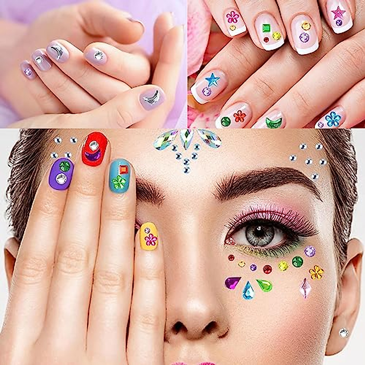 10 Sheets Gems Stickers, Eye Body Face Gems Jewels for Makeup Self Adhesive Crystal Rainbow Rhinestones for DIY Craft Nail Body Makeup Festival