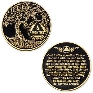 6 Months Sobriety Mint Twisted Tree of Life Gold Plated AA Recovery Medallion/Chip/Token - Black