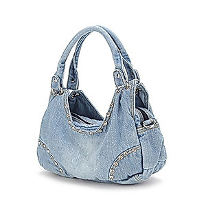 Donalworld Women Cute Flower Jeans Denim Tote Handbags Ltblue