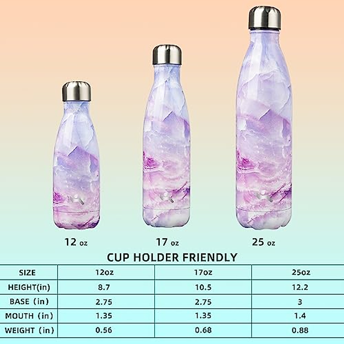 Konokyo Insulated Water Bottles,12oz Double Wall Stainless Steel Vacumm Metal Flask for Sports Travel,Marble-Dawn