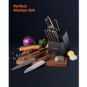 YOLEYA Kitchen Knife Set, 15PCS Chef Knife Sets for Kitchen with Block Wooden Triple Rivets German High Carbon Stainless Classic Style Full Tang