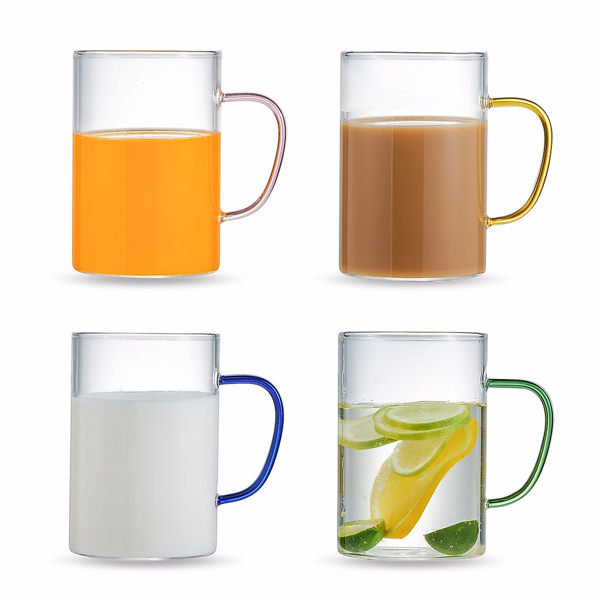 Glass Coffee Mugs 17oz - Set of 4, Clear Espresso Cups with Colored Handle, Large Capacity Wide Mouth Mugs for Latte, Cappuccino, Tea and Hot & Cold Beverages, Dishwasher & Microwave Safe