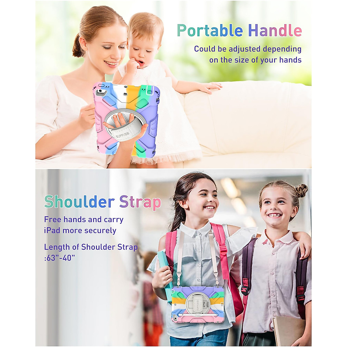 SUPFIVES Case for iPad Mini 5 2019, iPad Mini 4 Case for Kids Military Grade Protective Rugged Case with Shoulder Strap + Kickstand + Pencil Holder for iPad Mini 5th/ 4th Generation 7.9 inch- Rainbow