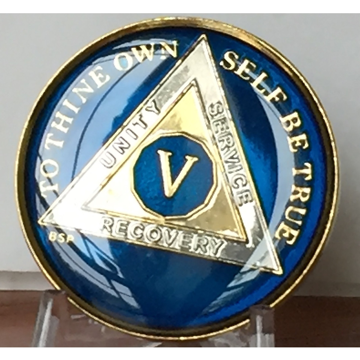 5 Year Midnight Blue AA Alcoholics Anonymous Medallion Chip Tri Plate Gold & Nickel Plated Serenity Prayer