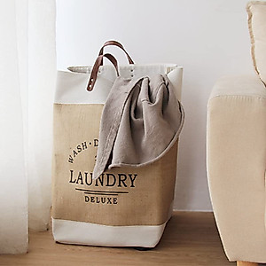 MILILOVE 2PCS Cotton Linen Laundry Hamper, 22*16*10" Large Collapsible Laundry Baskets, Leather Handle, Foldable Dirty Clothes Underwear Portable Skinny Hamper, Toys Organizer Storage Bins Washing Bin