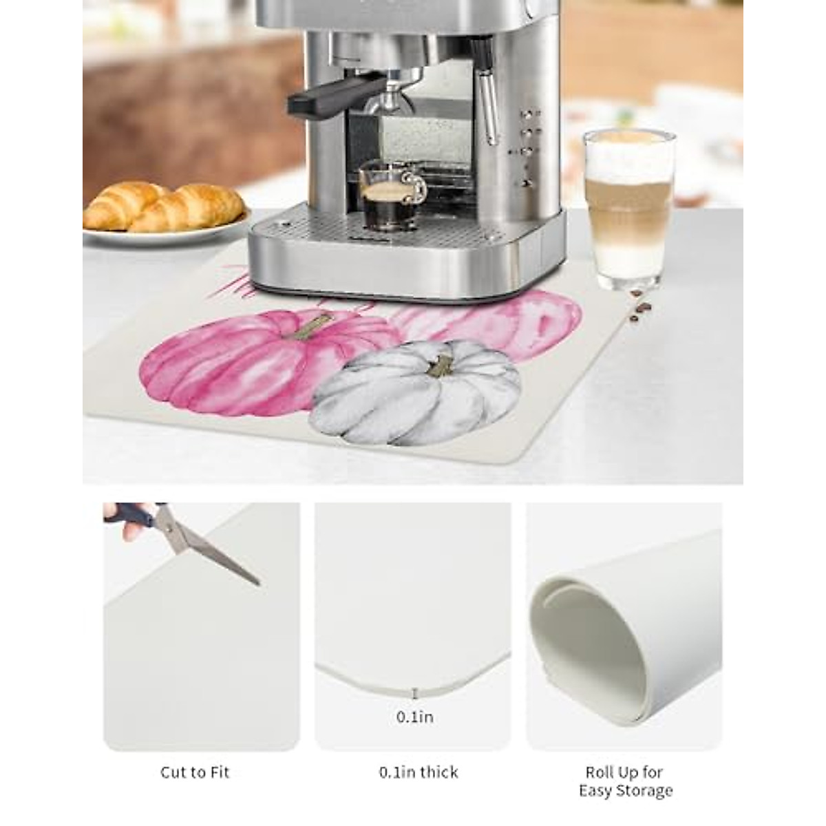 Coffee Mat for Counter, Give Thanks Pink and White Watercolor Pumpkins Absorbent Hide Stain Coffee Bar Mat, Non-slip Coffee Bar Accessories Kitchen Drying Mat Fit Under Coffee Maker Espresso Machine