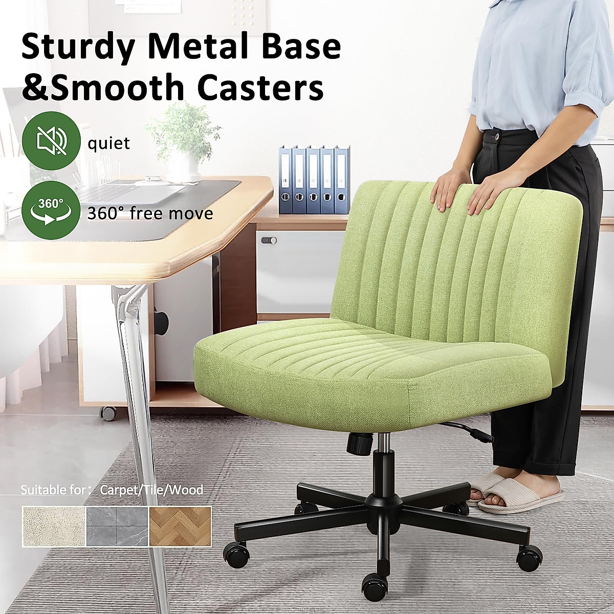 Mondschein Criss Cross Chair with Wheels, Cross Legged Office Chair Armless Wide Desk Chair with Pocket Spring Cushion, Adjustable Swivel Leather Task Vanity Home Office Desk Chair, (Green2)