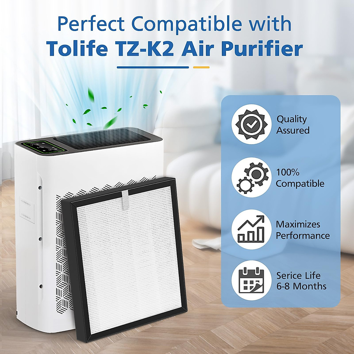 LINNIW TZ-K2 Replacement Filter Compatible with ToLife Air Purifier TZ-K2, 3-in-1 High-Efficiency H13 HEPA TZ-K2 Filter, Activated Carbon and Pre-filter, TZ-K2-A replacement filter, 2 Pack