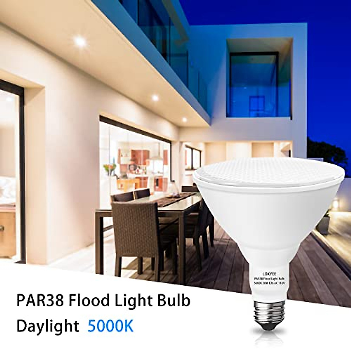 LOXYEE PAR38 LED Outdoor Flood Light Bulbs 2 Pack，20W(200W Equivalent) E26 Base Flood Light Bulbs,5000K Daylight 1800 Lumens LED Flood Light for Outdoor Garden,Garage,Yards,Non-Dimmable