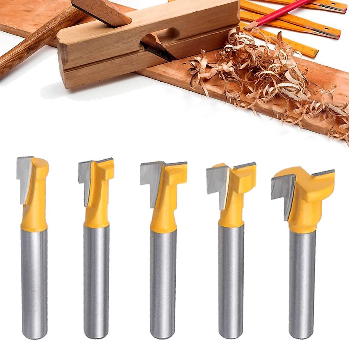 Mesee 5 Pieces T-Slot Router Bit Set, 1/4 Inch Shank T Slotting Keyhole Router Bits Woodworking T-Track Grooving Milling Cutter Tool for 5/16", 3/8", 1/2", 7/16", 5/8" Hex Bolts