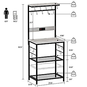 GiftGo Kitchen Bakers Rack with Power Outlet, Coffee Bar Table 4 Tiers, Kitchen Microwave Stand Multifunctional Kitchen Storage Shelf Rack for Spices, Pots and Pans (Grey)