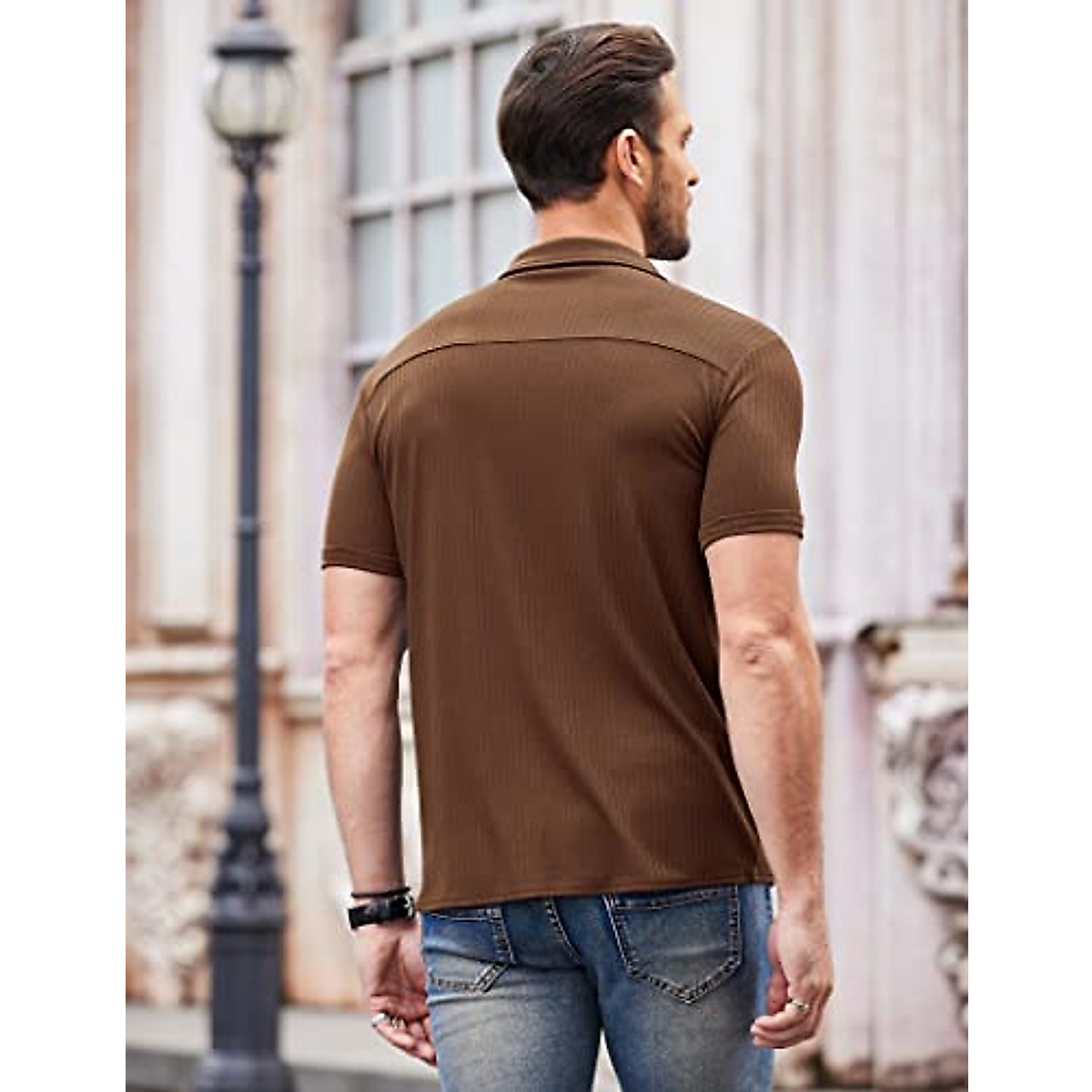 COOFANDY Men Camp Collar Shirts Short Sleeve Button Up Shirts Knit Textured Shirts Slim Polo Shirts Brown