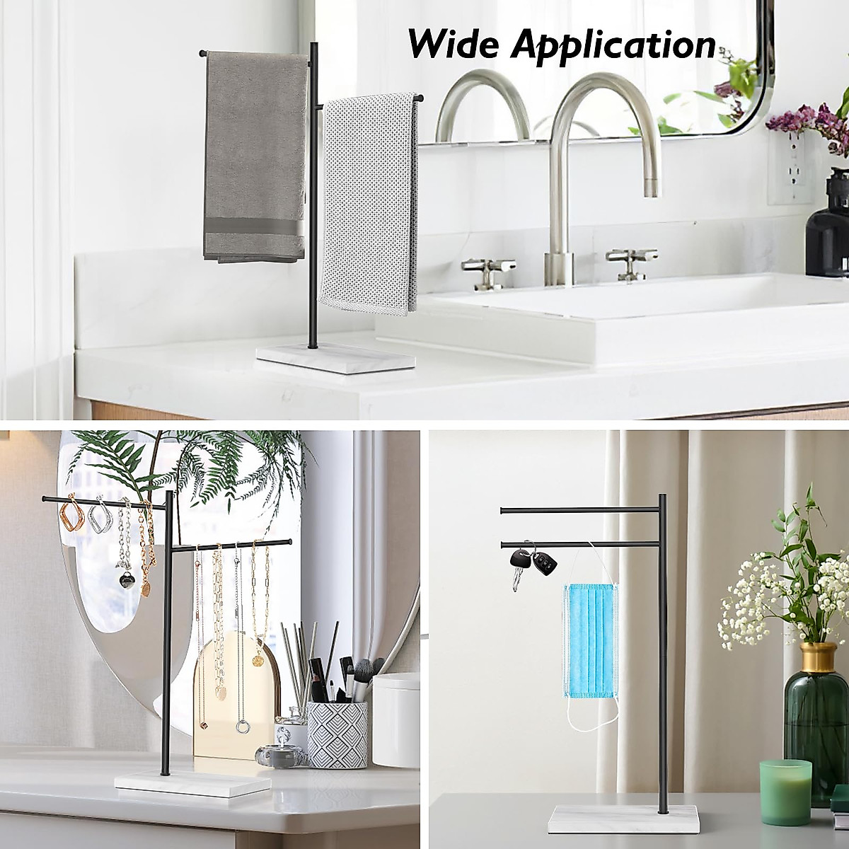 Luxspire Marble Hand Towel Holder, Countertop Free Standing Hand Towel Stand, Natural Marble Base Stainless Steel Rotatable Hand Towel Stand for Bathroom Kitchen Restroom Counter, 17 inch, F-Shape